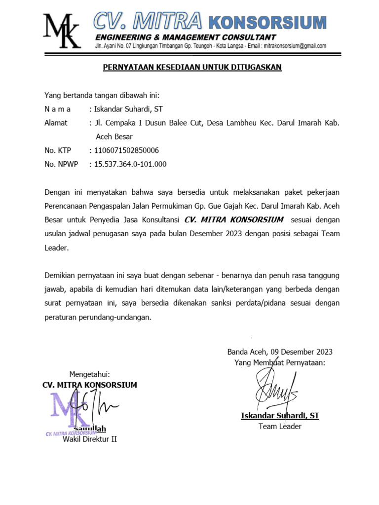 Surat Kesediaan Bertugas CV. MK | PDF
