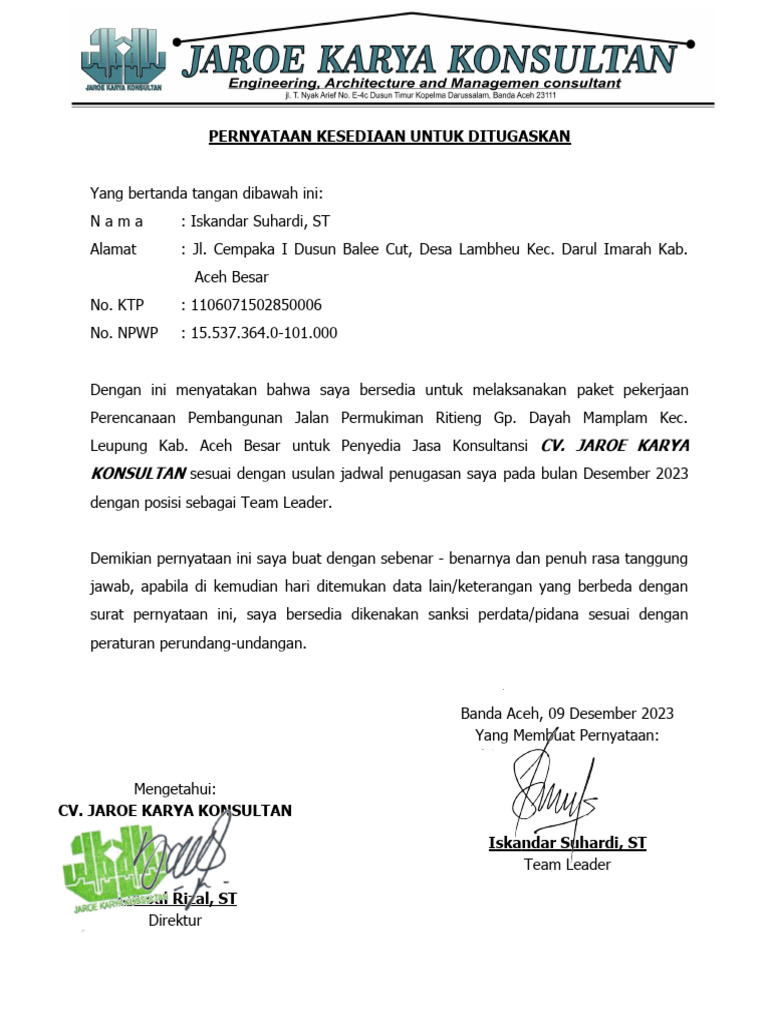 Surat Kesediaan Bertugas CV. JAROE | PDF