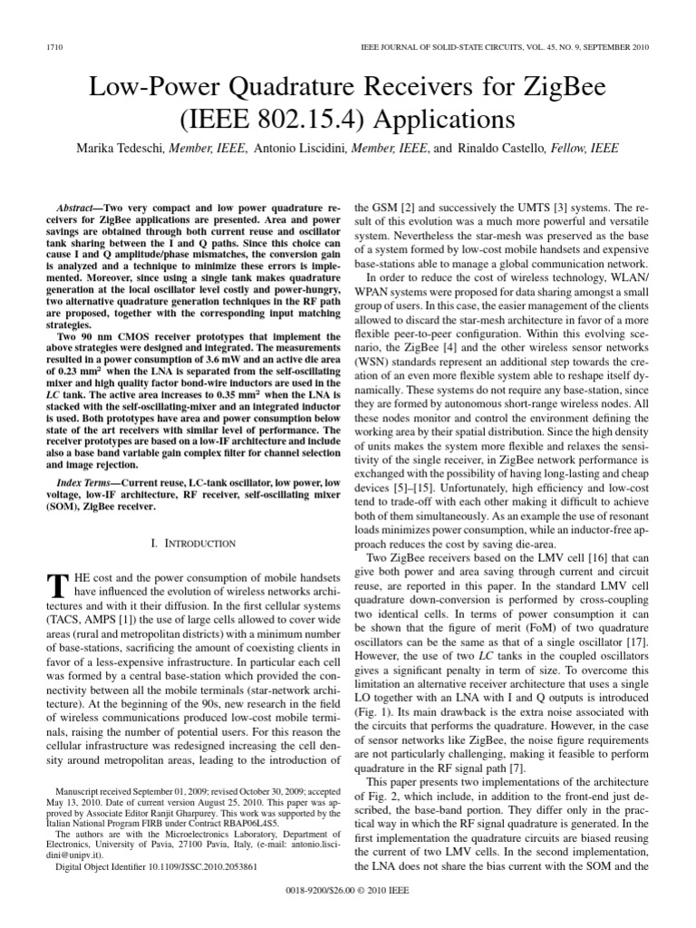 Low Power Quadrature Receivers For ZigBe | PDF | Amplifier | Inductor