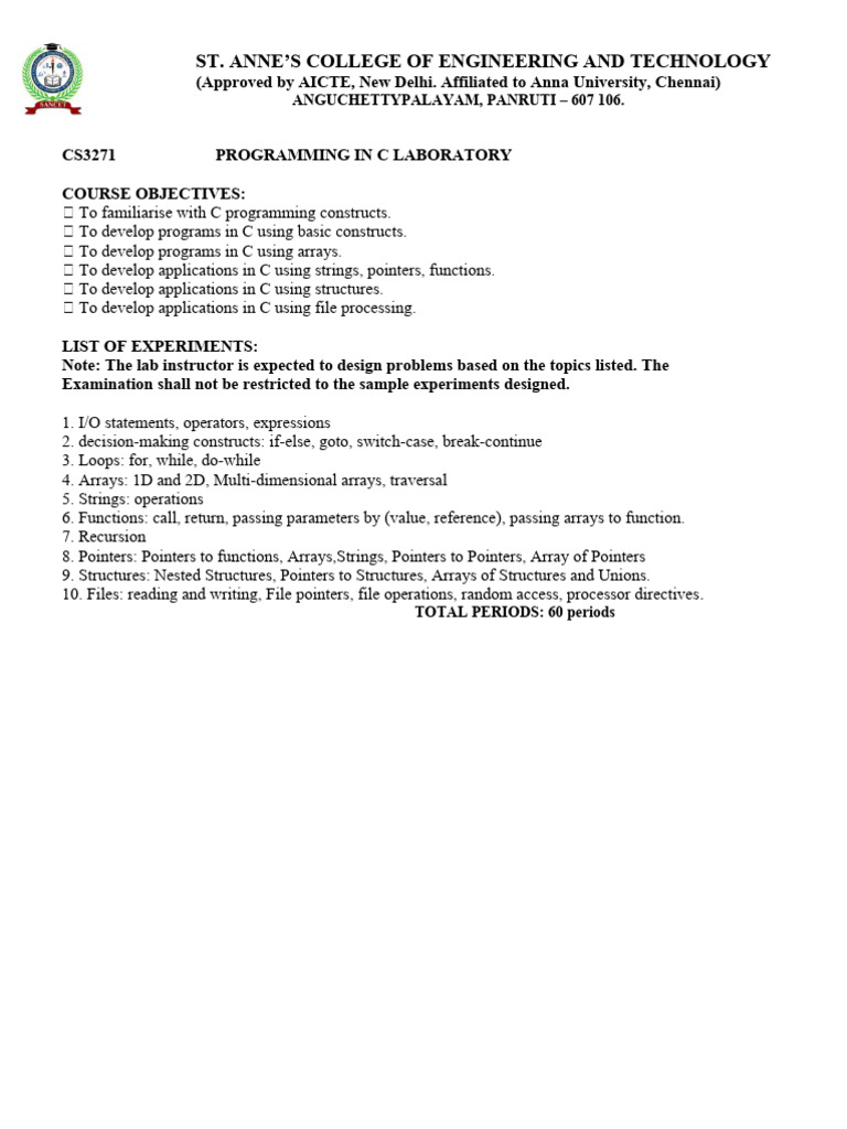 Cs3271 Programming In C Laboratory Pdf Pointer Computer Programming Computer Engineering 