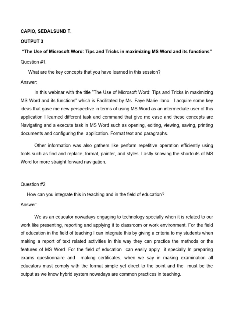 CAPIO, SEDALSUND OUTPUT 3 The Use of Microsoft Word Tips and Tricks in Maximizing MS Word and ...