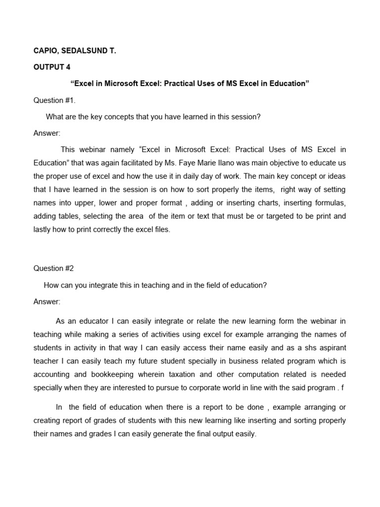 CAPIO, SEDALSUND OUTPUT 4 Excel in Microsoft Excel Practical Uses of MS ...