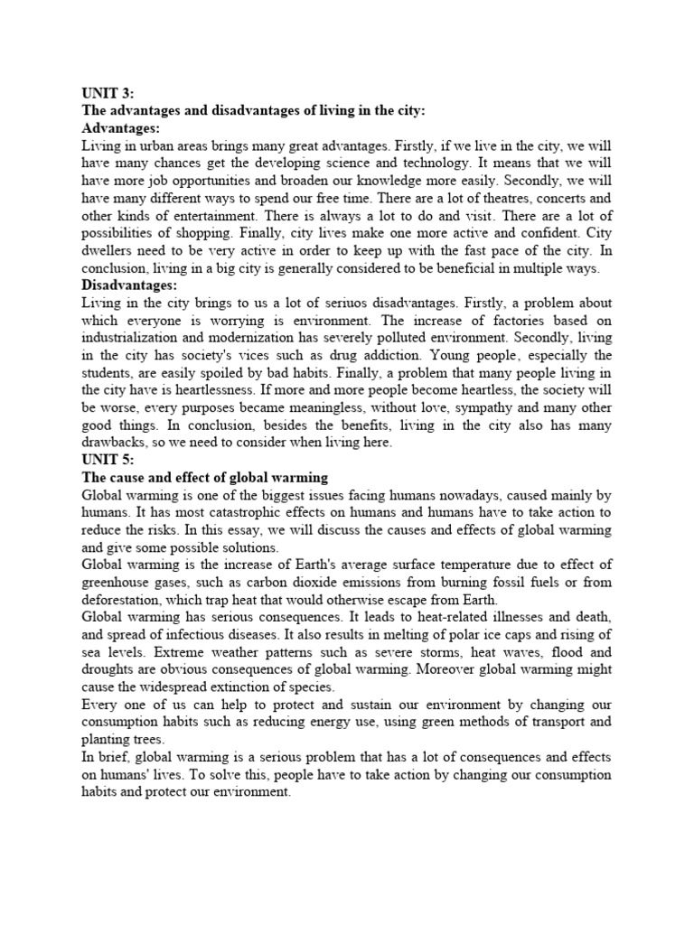 Unit 3: The Advantages and Disadvantages of Living in The City ...