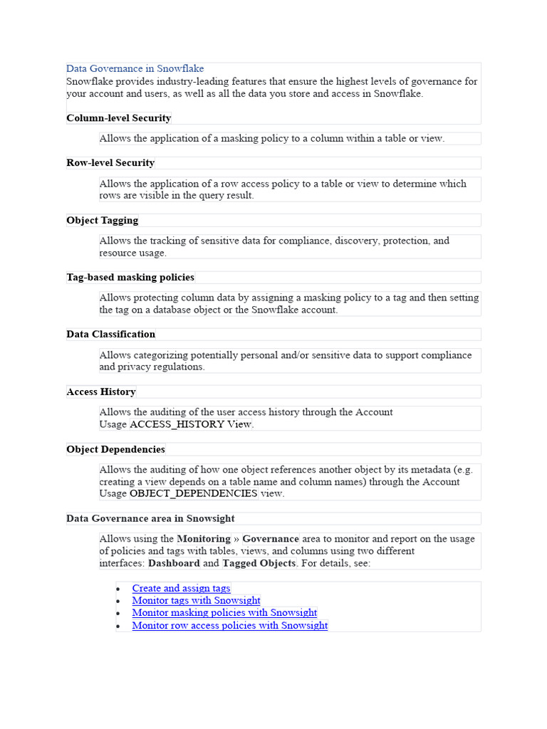 Snowflake Data Governance Guide | PDF | Cloud Computing | Governance