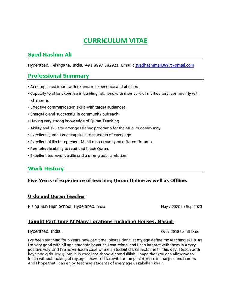 CV Syed Ali Hashmi | PDF | Quran | Islam
