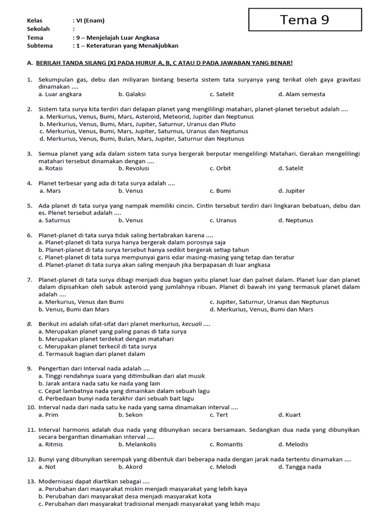 Soal Tema 9 Kelas 6 SD Subtema 1 Keteraturan Yang Menakjubkan Dan Kunci Jawbaan - WWW ...
