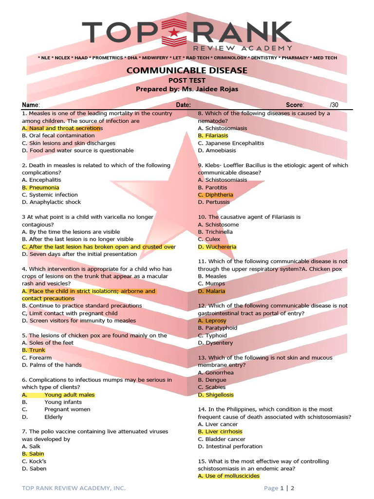 Batangas Communicable Dse Post Test SC | PDF | Tuberculosis | Immunity ...