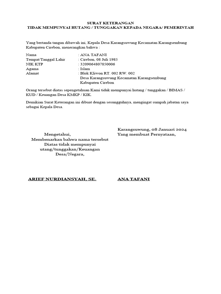 Surat Lamaran Perangkat Desa Karangsuwung | PDF
