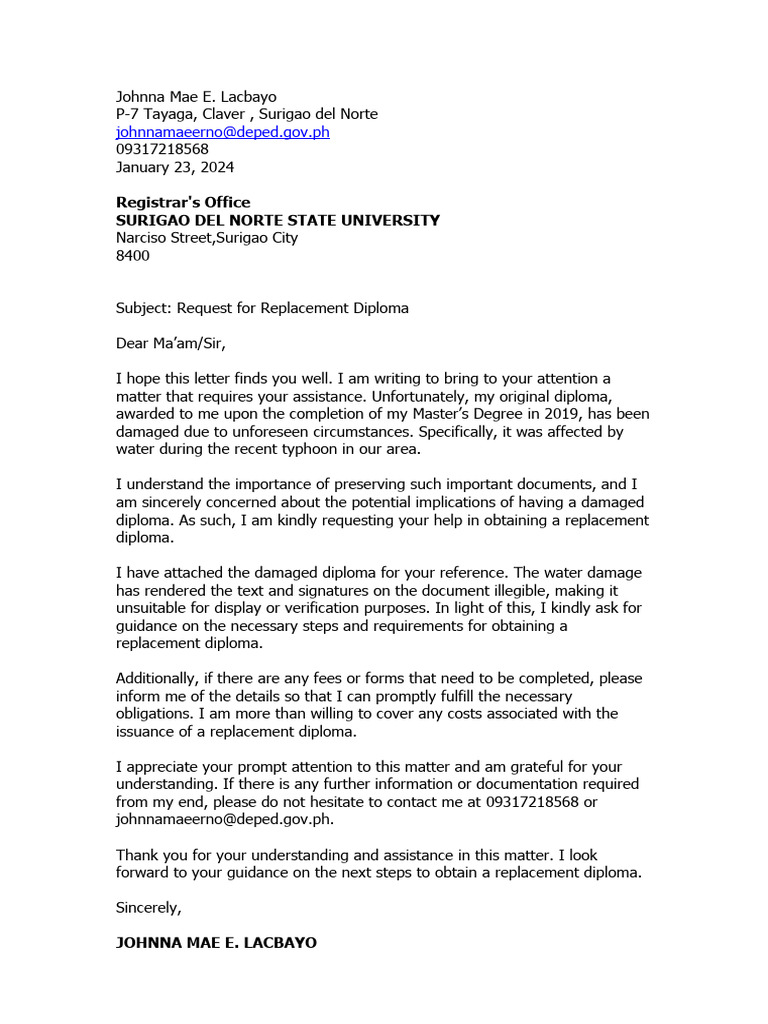 Request for Replacement Diploma | PDF | Career & Growth