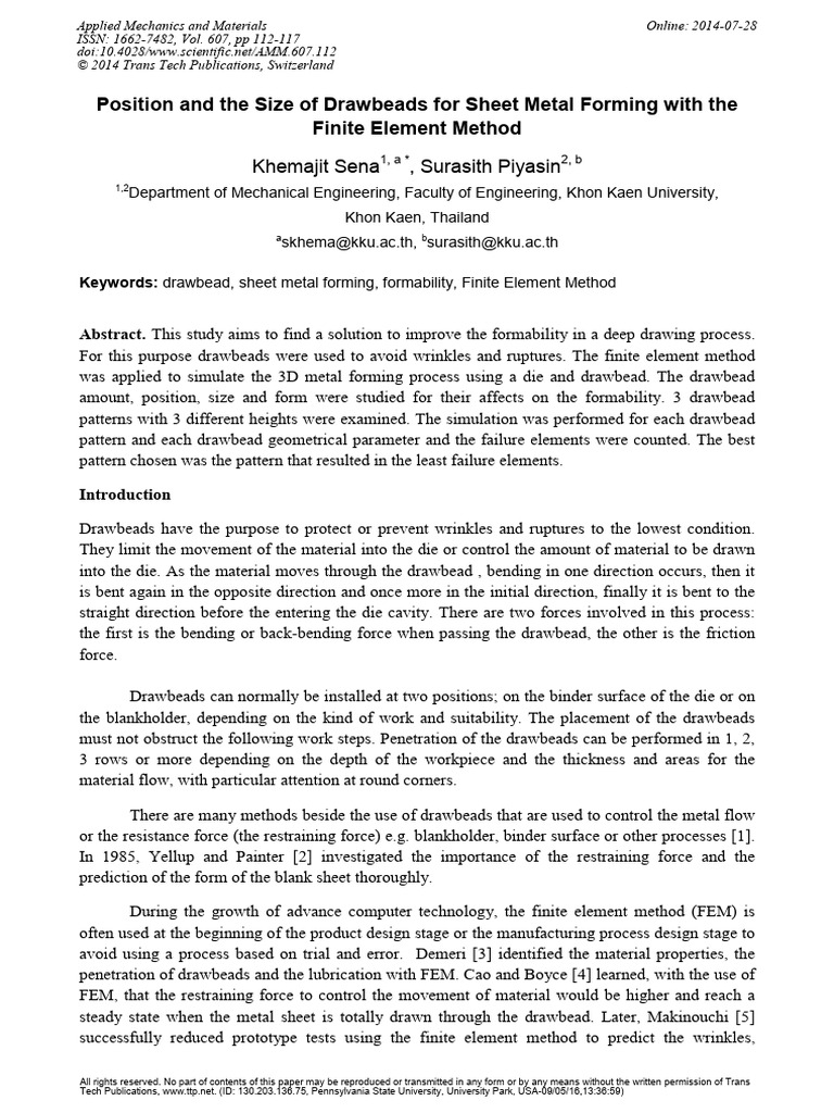 Position and The Size of Drawbeads For Sheet Metal Forming With The Finite Element Method | PDF ...