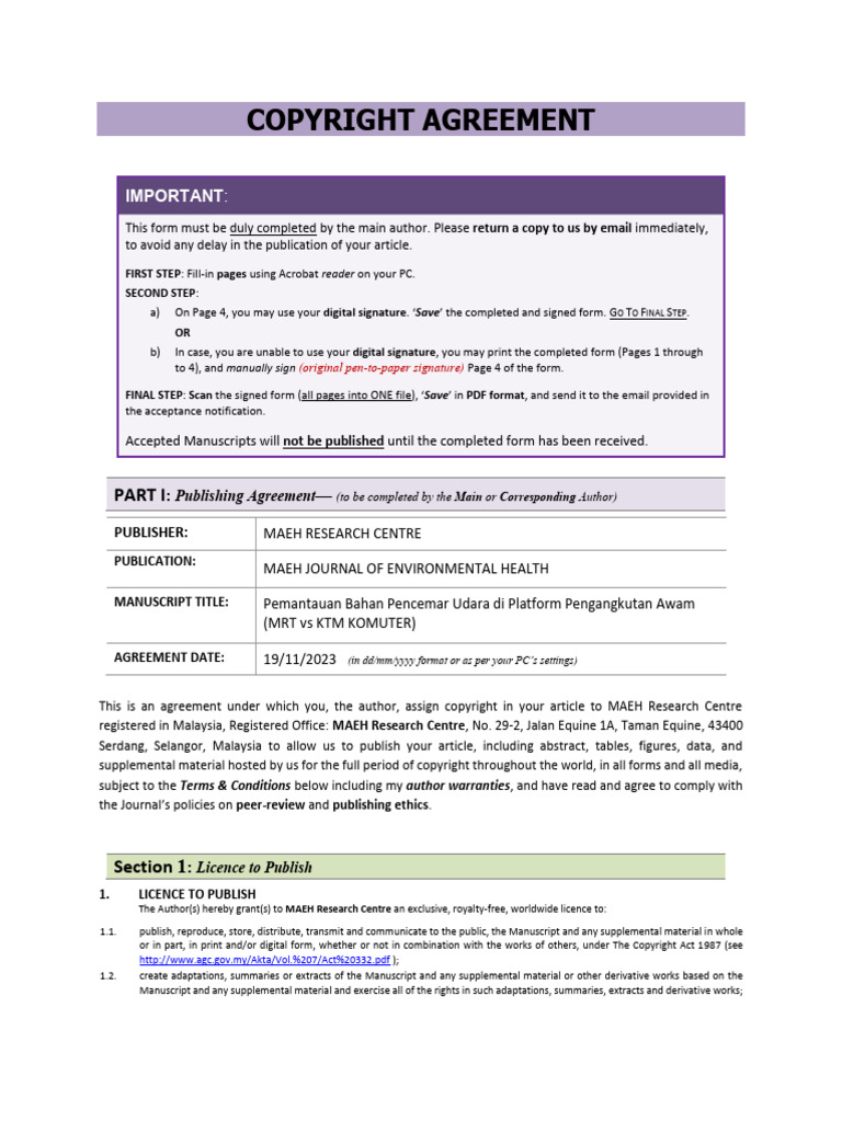 Copyright Agreement - Maeh Journal Hazim (0018) | PDF | Copyright | Indemnity
