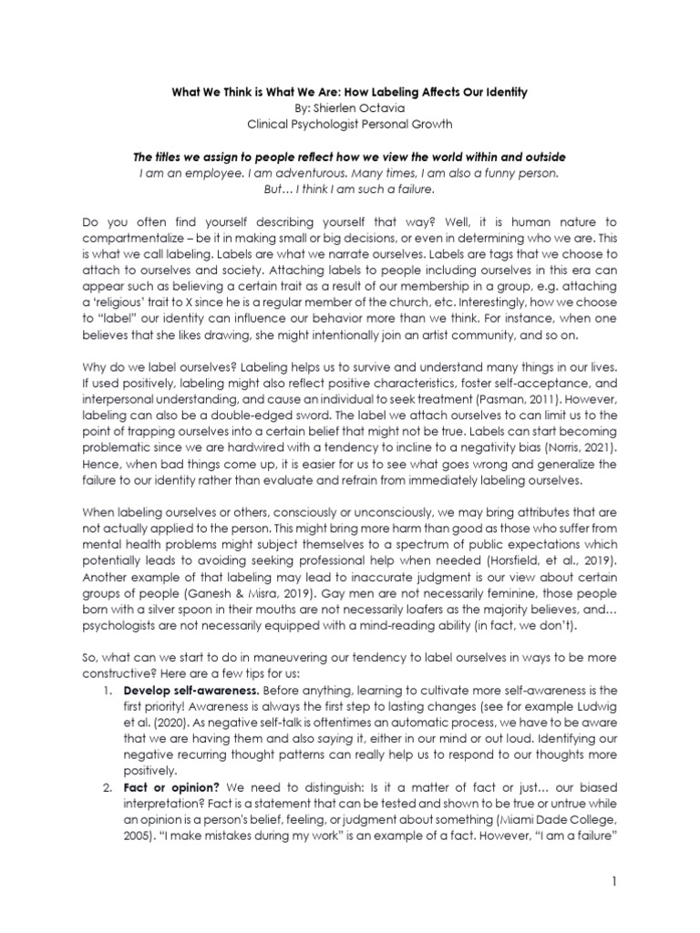 Article PG 1 - What We Think Is What We Are - How Labeling Affects Our ...