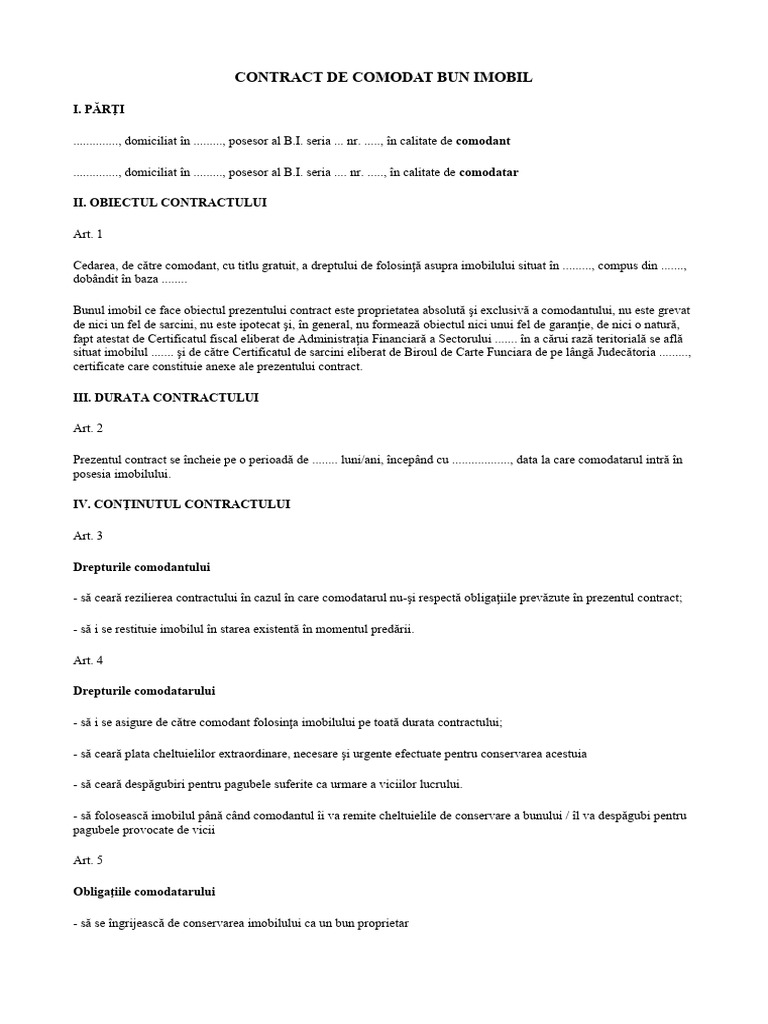 Contract de Comodat Bun Imobil | PDF