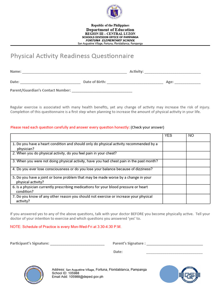 Fortuna Elementary Physical Activity Questionnaire | PDF | Self ...
