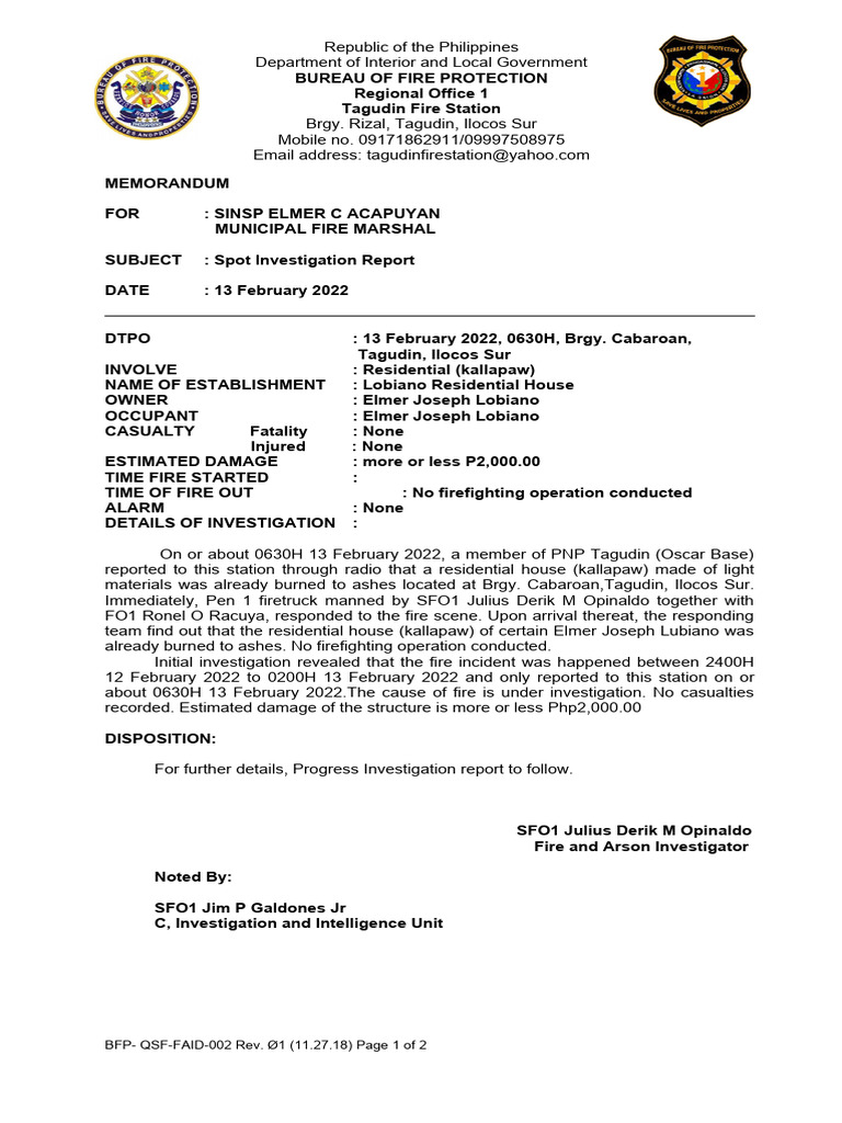 Spot Report-Cabaroan Fire Incident | PDF | Emergency Services ...