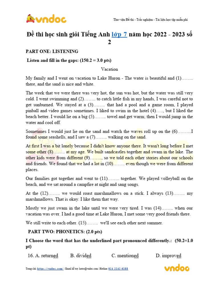 De Thi Hoc Sinh Gioi Tieng Anh Lop 7 Nam Hoc 2022 2023 So 2 | PDF | Grammar | Linguistic Morphology