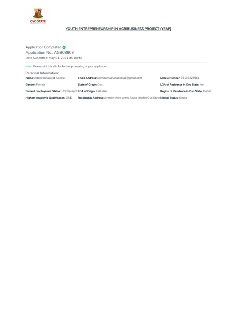 YEAP Application Confirmation | PDF