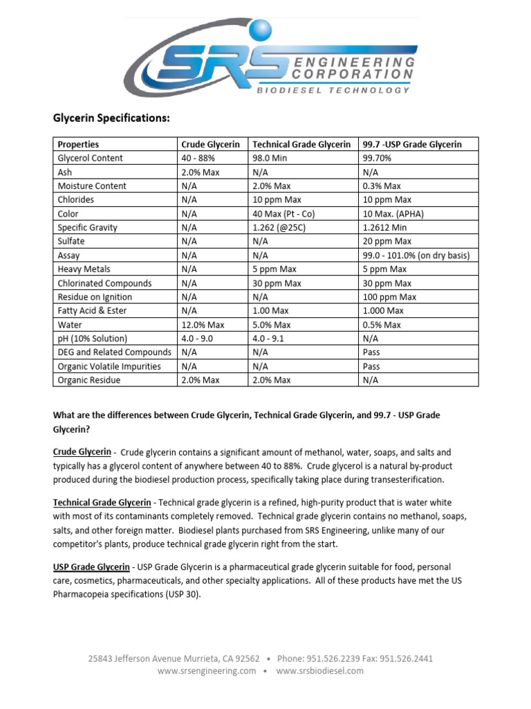 Glycerin Grade Comparison Chart | Download Free PDF | Glycerol | Chemistry