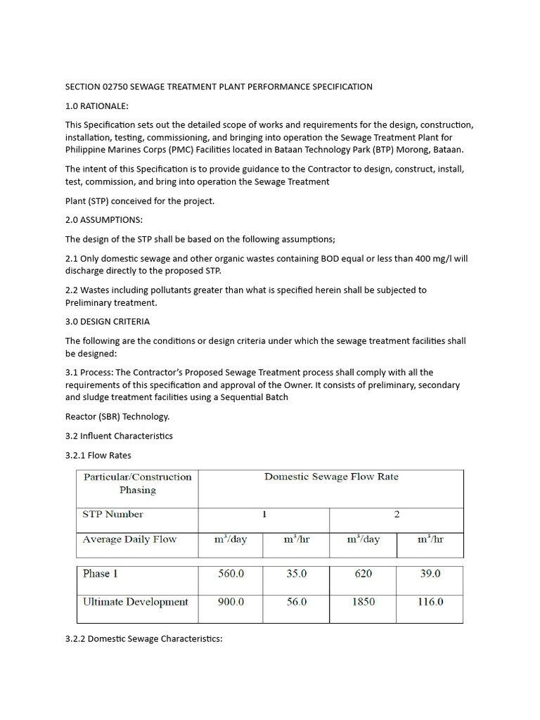 Section 02750 Sewage Treatment Plant Performance Specification | PDF | Sewage Treatment | Pipe ...