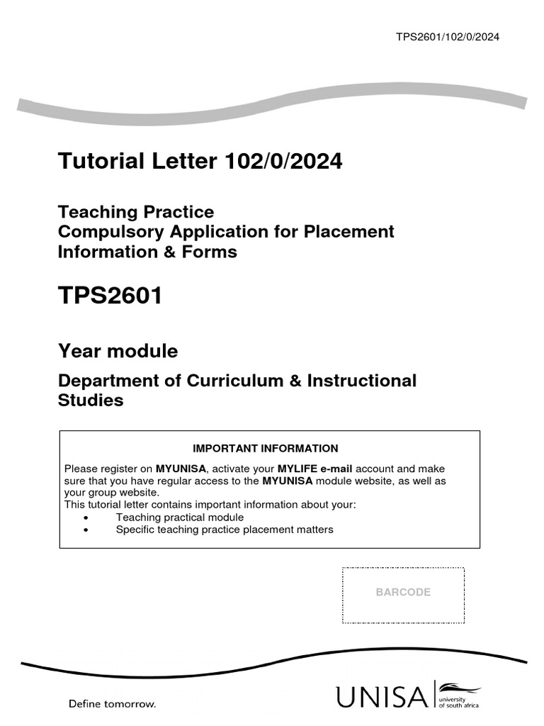 Tutorial Letter 102/0/2024: Teaching Practice Compulsory Application For Placement Information ...
