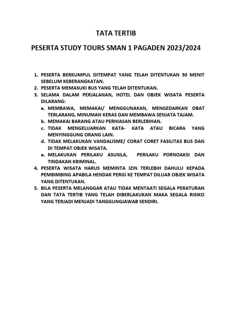 Tata Tertib Study Tour SMAN 1 Pagaden | PDF