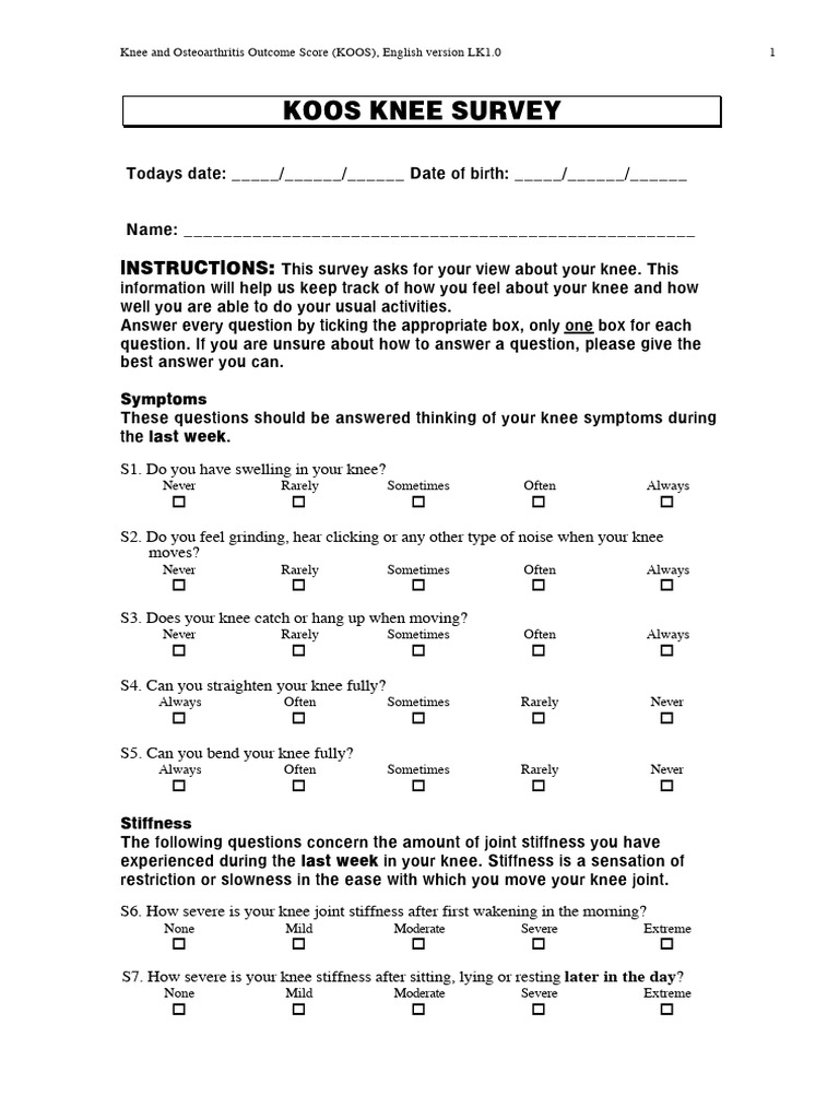 Koos Questionnaire Download Free Pdf Knee