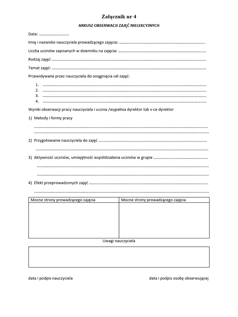 Arkusz Obserwacji Zajęć Nielekcyjnych Zał.4 | PDF