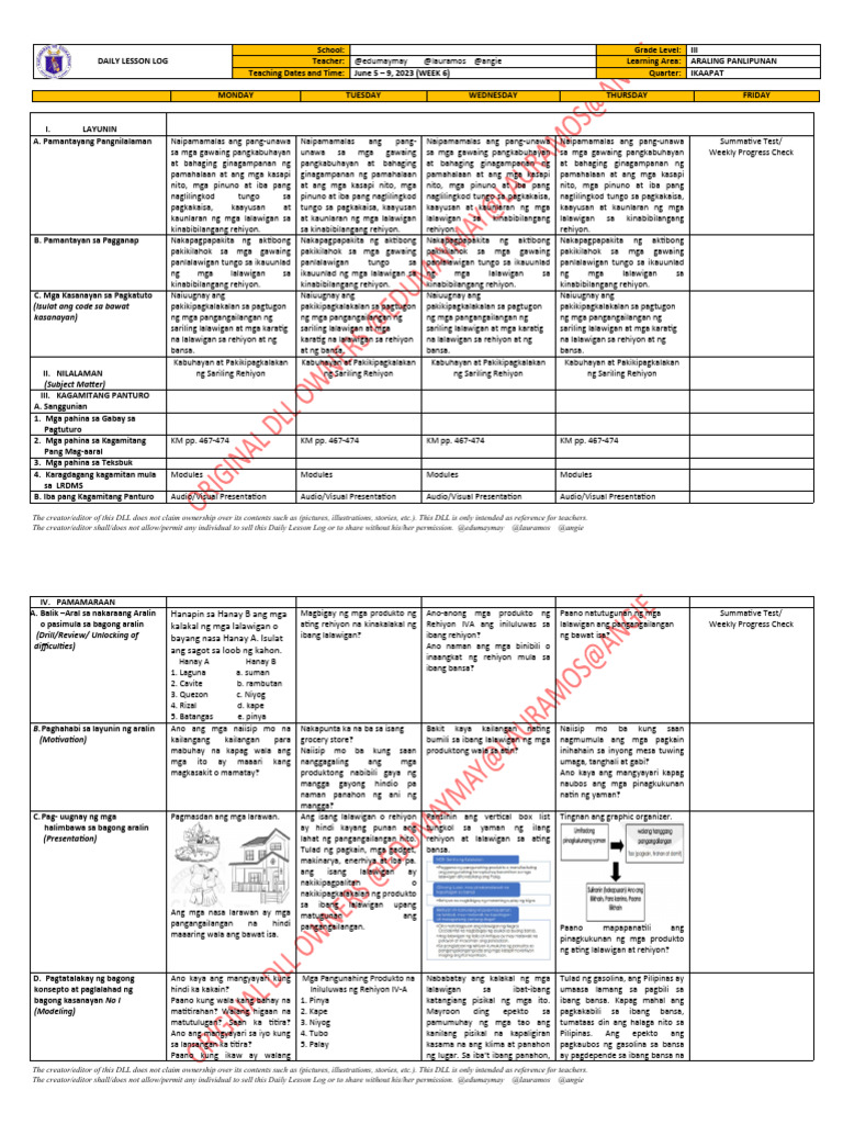 DLL - AP3 - Q4 - W6 - Naiuugnay Ang Pakikipagkalakalan Sa Pagtugon NG Mga pangangailangan ...