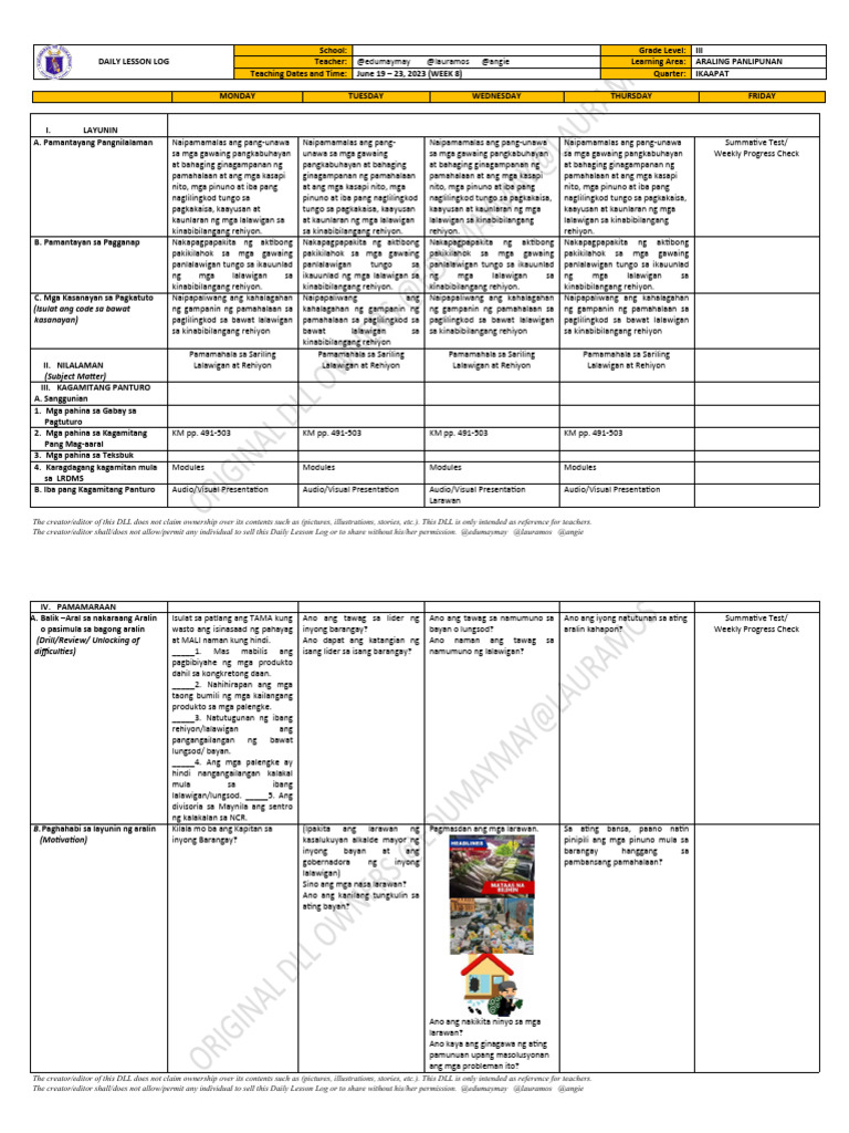 DLL - AP3 - Q4 - W8 - Naipapaliwang Ang Kahalagahan NG Gampanin NG Pamahalaan Sa Paglilingkod ...