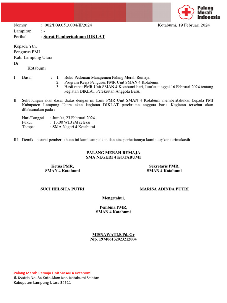 Surat Pemberitahuan Diklat | PDF