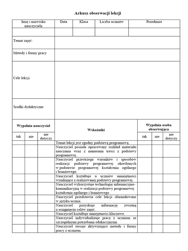 Arkusz Obserwacji Lekcji 1 | PDF