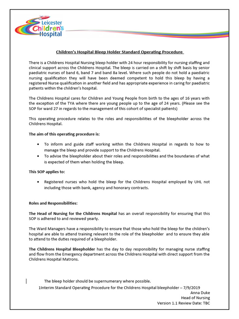 Children's Hospital Bleep Holder SOP | PDF | Nursing | Hospital