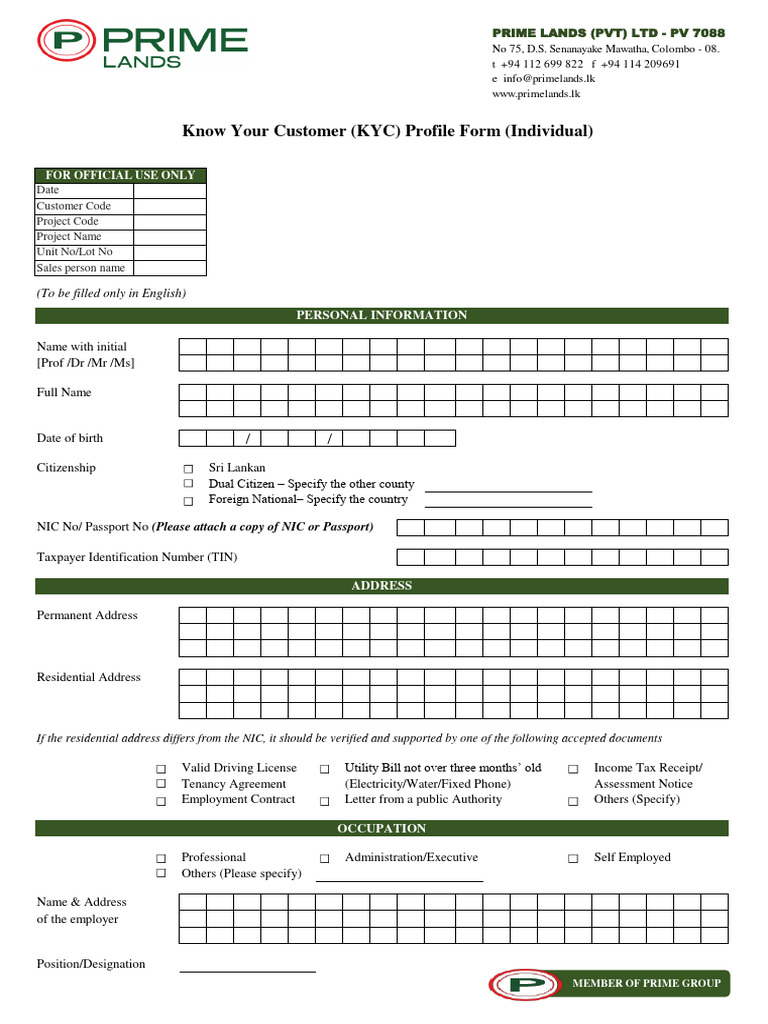 KYC Profile Form for Prime Lands | PDF | Lease | Economies