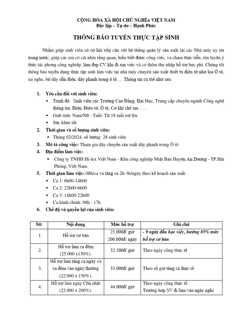 THÔNG BÁO TUYỂN DỤNG SV- HI-LEX (Chuẩn) | PDF