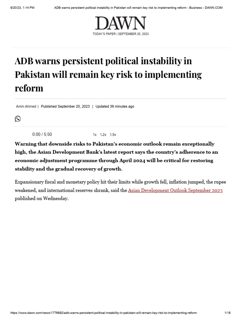 ADB Warns Persistent Political Instability in Pakistan | PDF ...