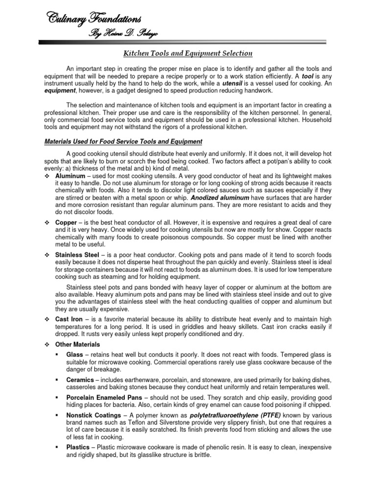 Kitchen Tools And Equipment Selection Pdf Cookware And Bakeware