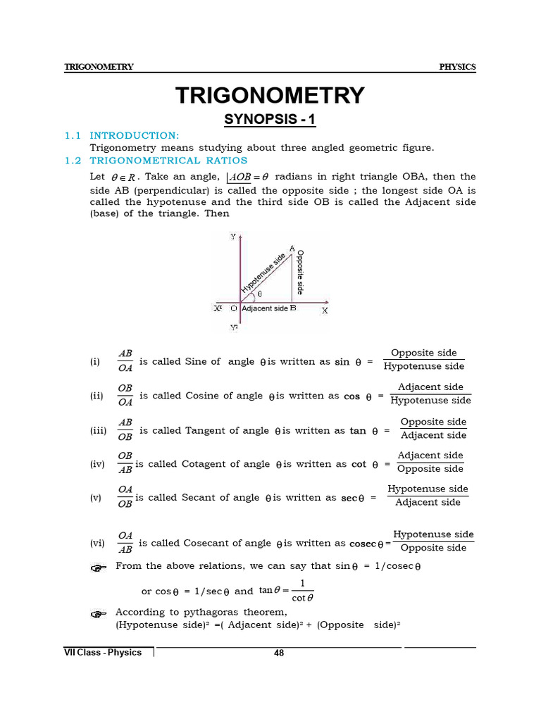 Trigonometry: Synopsis - 1 | PDF | Trigonometric Functions | Mathematical Objects