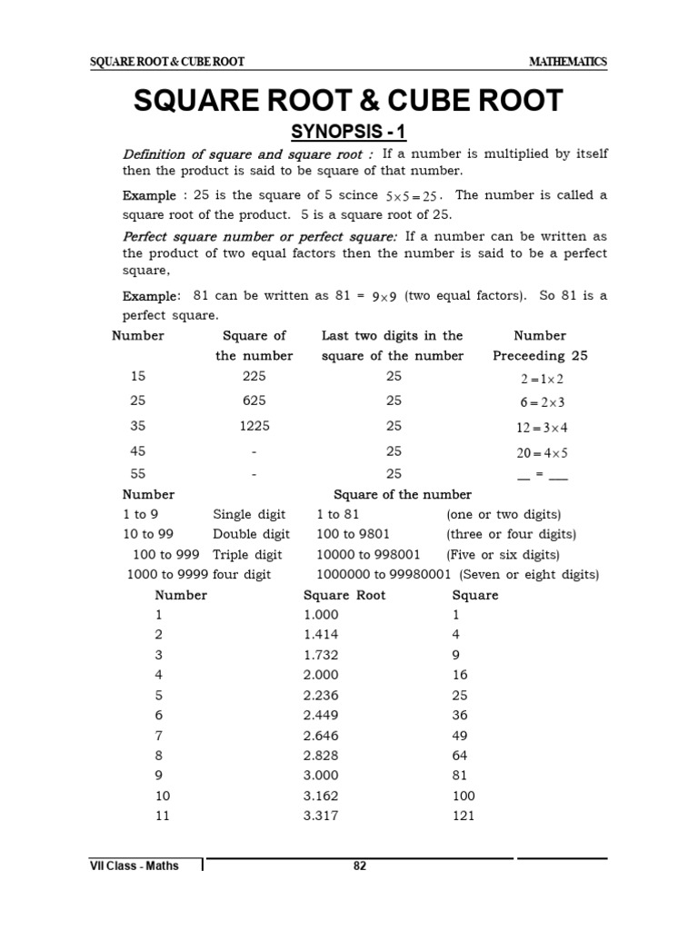 Square Root & Cube Root: Synopsis - 1 | PDF | Numbers | Square Root