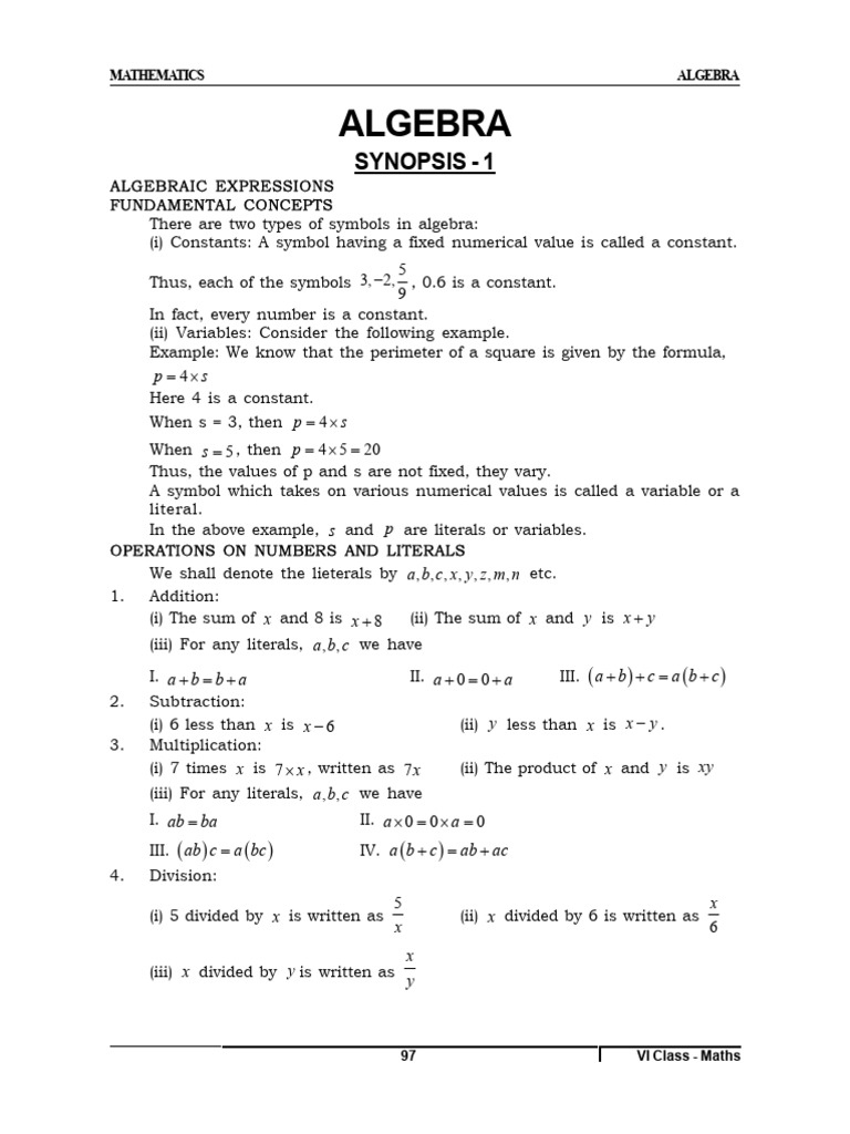 Algebra: Synopsis - 1 | PDF