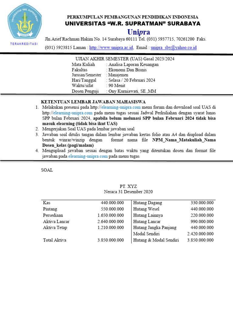 Form Lembar Soal UAS Analisa Laporan Keuangan Online Ganjil 2023-2024 | PDF