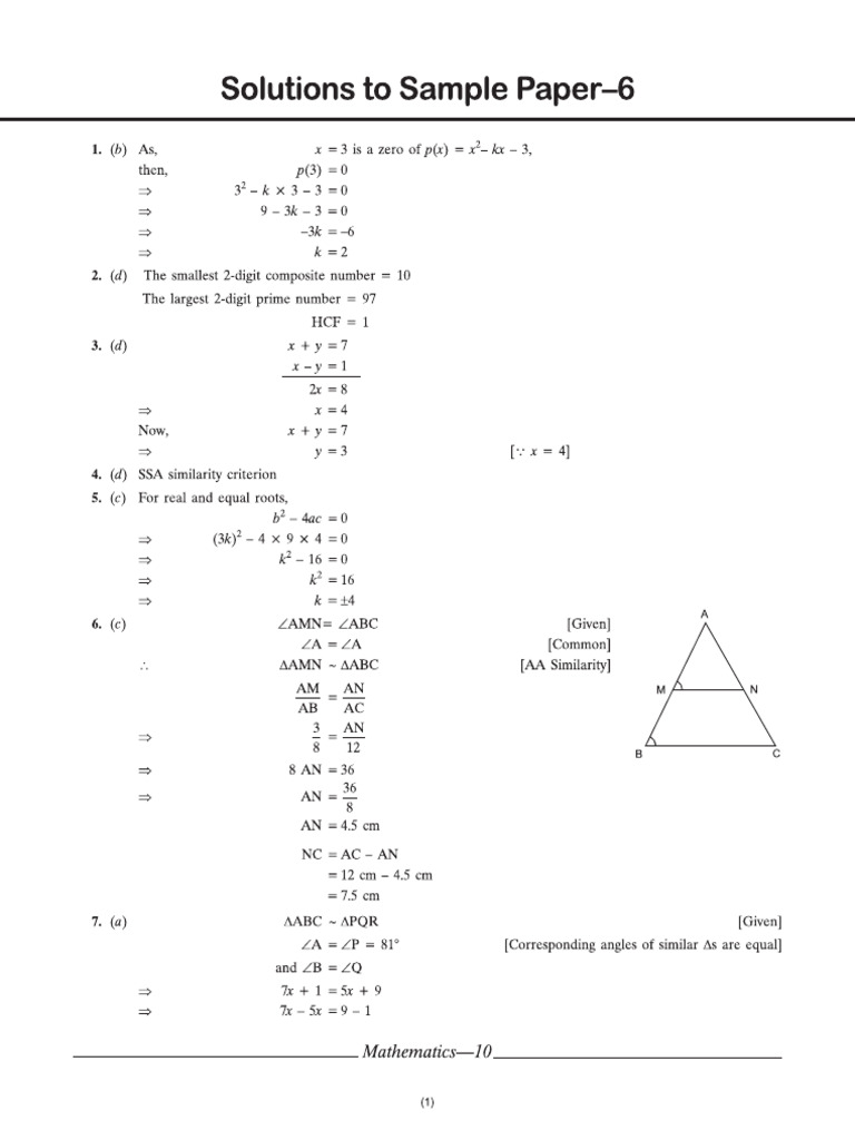 Cbse Cl10 Ead Mathematics Standard Solutions To Sample Paper 6 | PDF