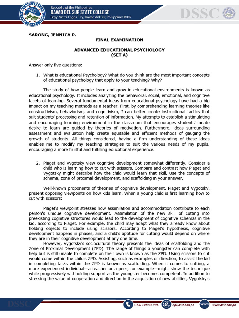 Advanced Educational Psychology Exam Insights | PDF | Constructivism ...