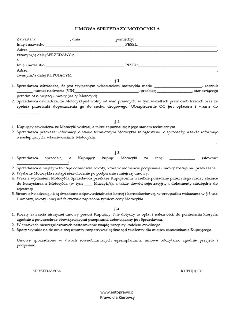 Umowa Kupna Sprzedaży Motocykla Autoprawo | PDF Umowa Kupna Sprzedaży Motocykla Autoprawo | PDF