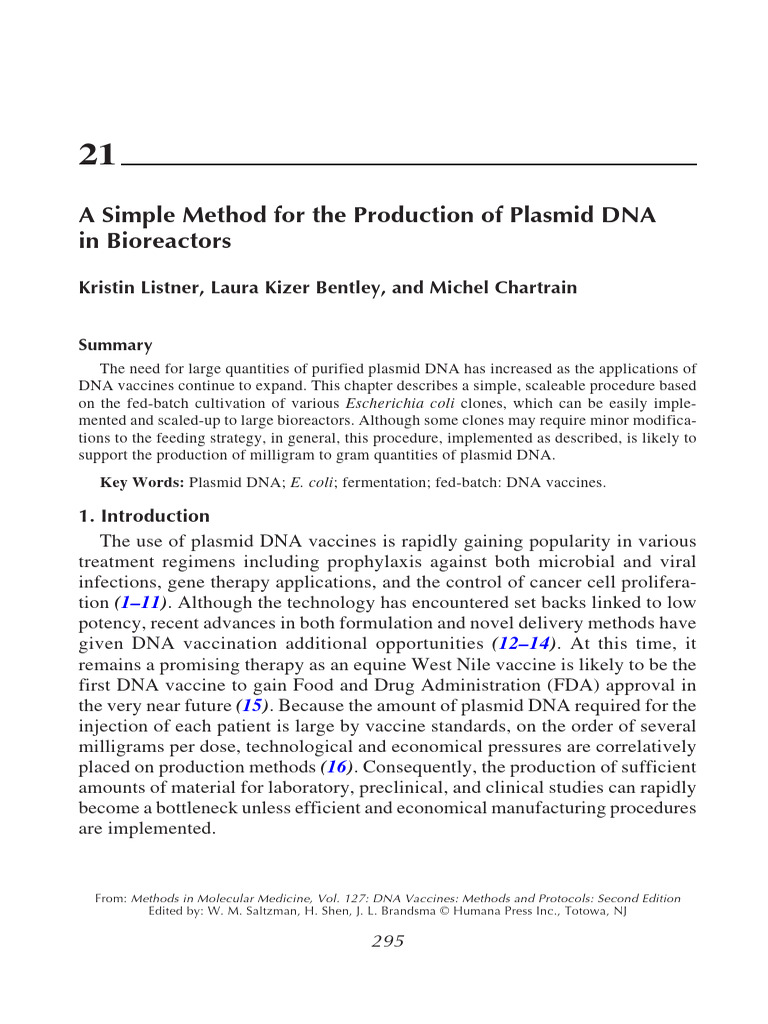 A Simple Method For The Production of Plasmid DNA in Bioreactors | PDF ...