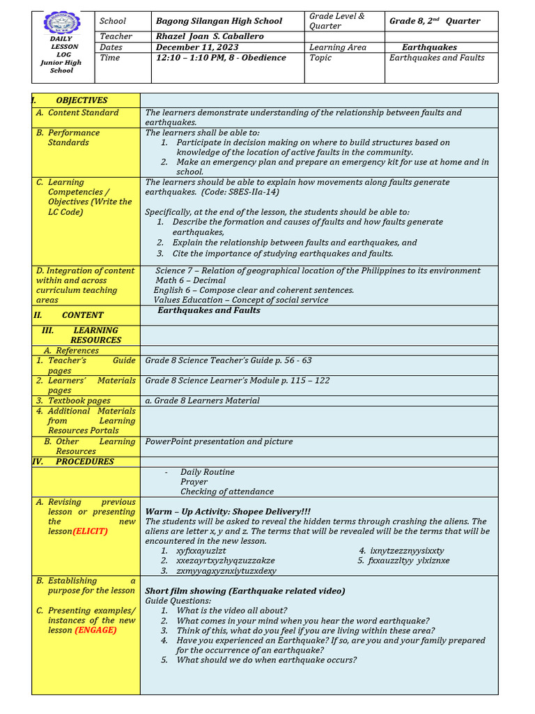 Science COT 2 - 2023 (1st Quarter) | PDF | Earthquakes | Learning