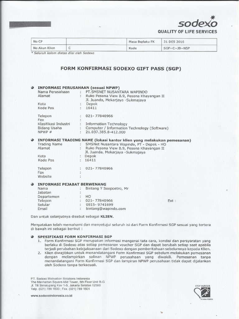 Sodexo - Confirmation Form | PDF
