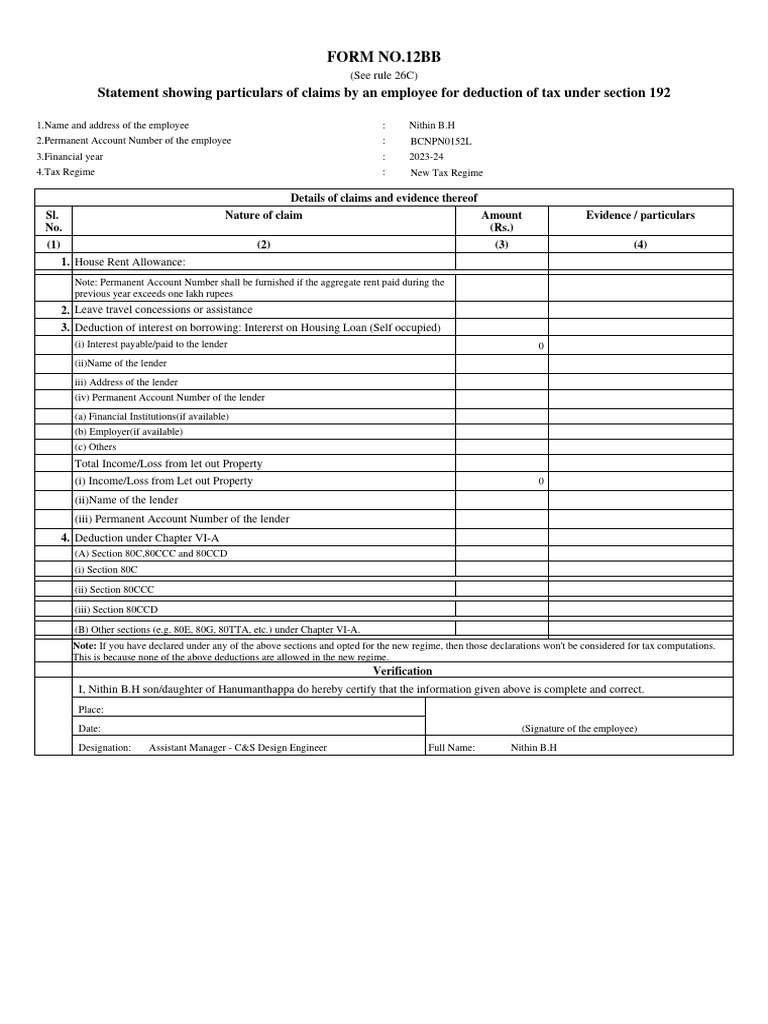 Form 12BB | PDF | Taxes | Tax Deduction