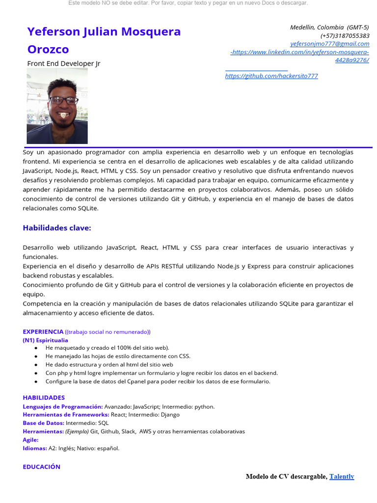 CV - FullStack - YefersonHagaloConFeCV | PDF | Script Java | Bases de datos