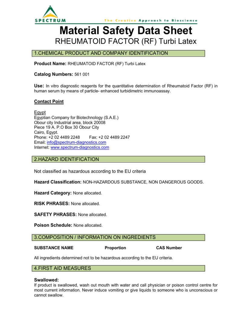 Rheumatoid Factor RF Turbi Latex Msds | PDF | Dangerous Goods | Occupational Safety And Health