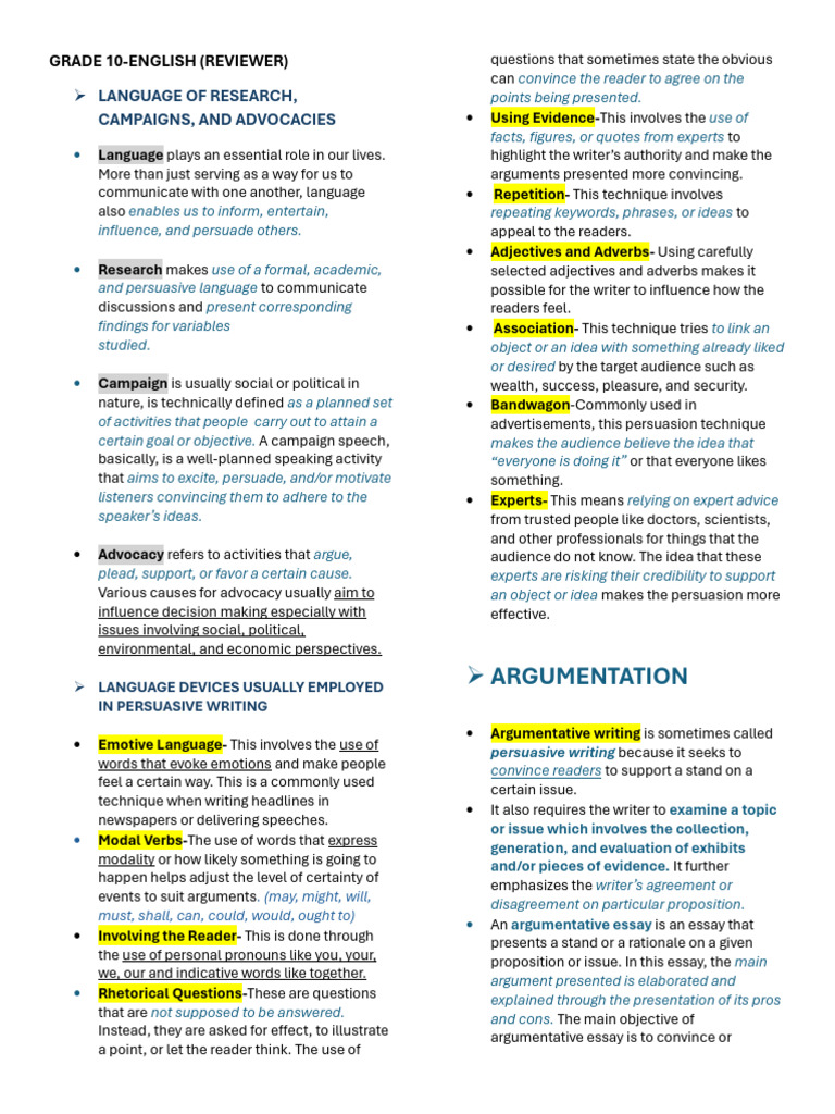 Grade 10 English Reviewer | Download Free PDF | Persuasion | Cognition